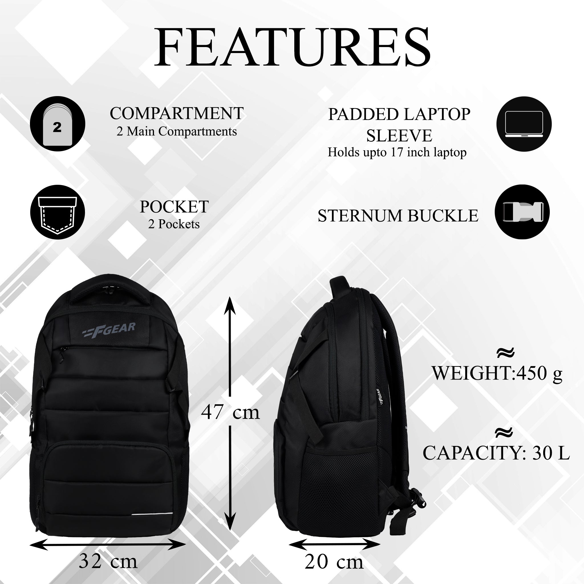 Trofeo 30L Black Laptop Backpack – F Gear.in